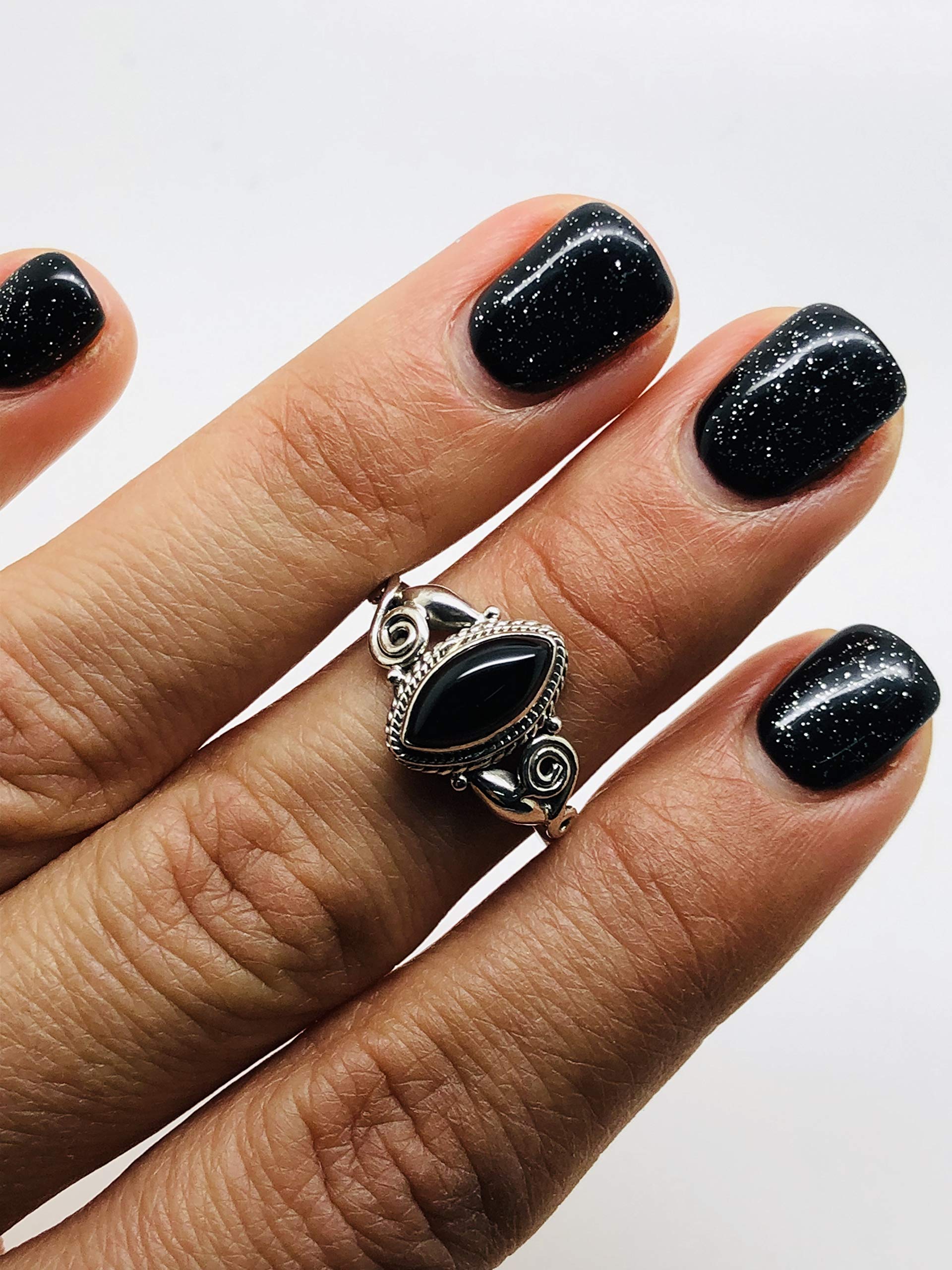 Black Onyx Vintage Gipsy Spiral Side Small Ring 925 Sterling Silver Boho Chic US Size 5 6 7 8 9 (9)