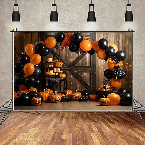 MOONDECO Photography Backdrop 7x5ft Halloween Arch Balloon Jack O Lantern Wood Party Background Kids Candle Light Fire Fly Photo Booth Decorations