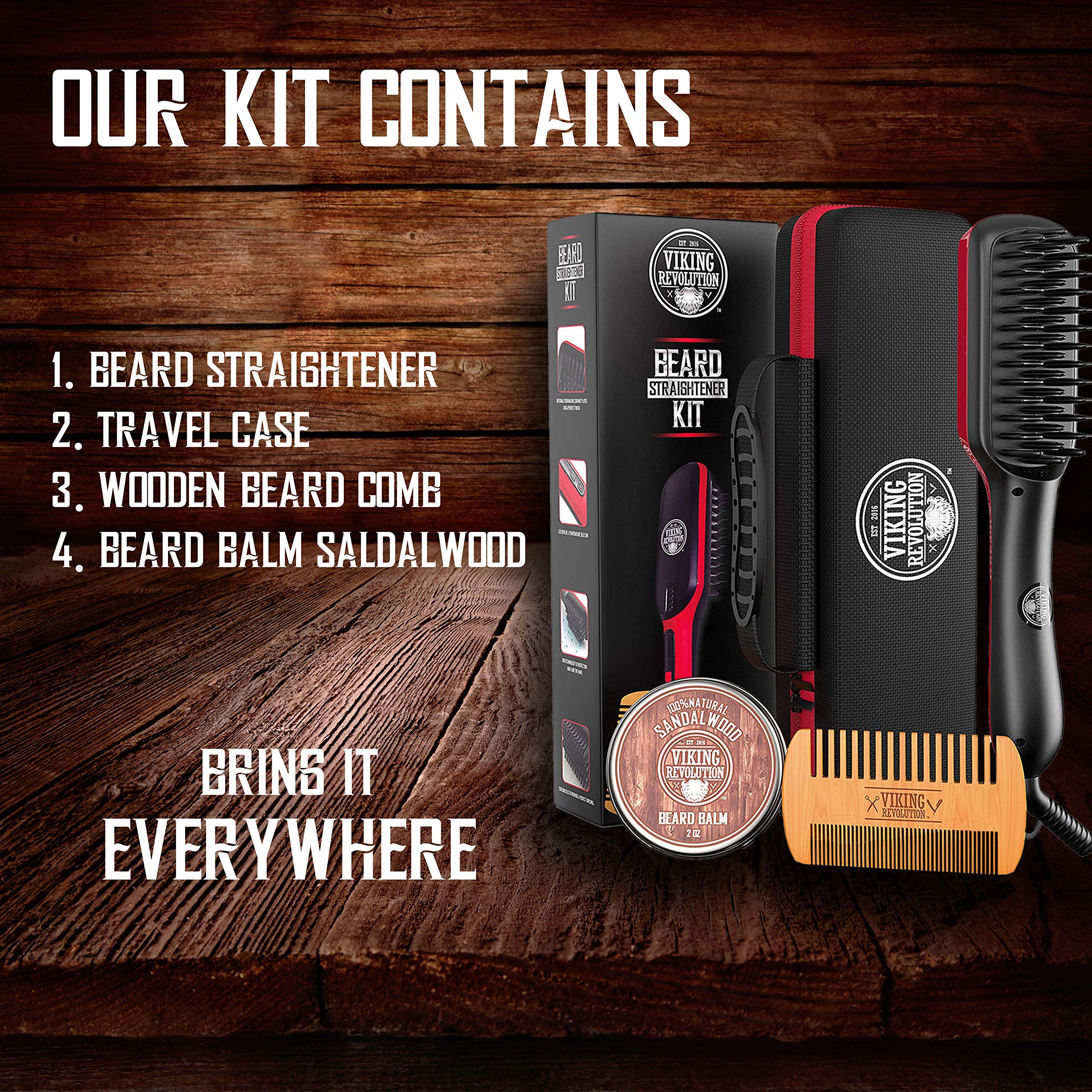 Beard Straightener Brush for Men - Fast Heating Ceramic and Ionic Mens Beard Straightener Comb - Heated Beard Brush - Includes Wooden Beard Comb & Beard Balm with Sandalwood Scent
