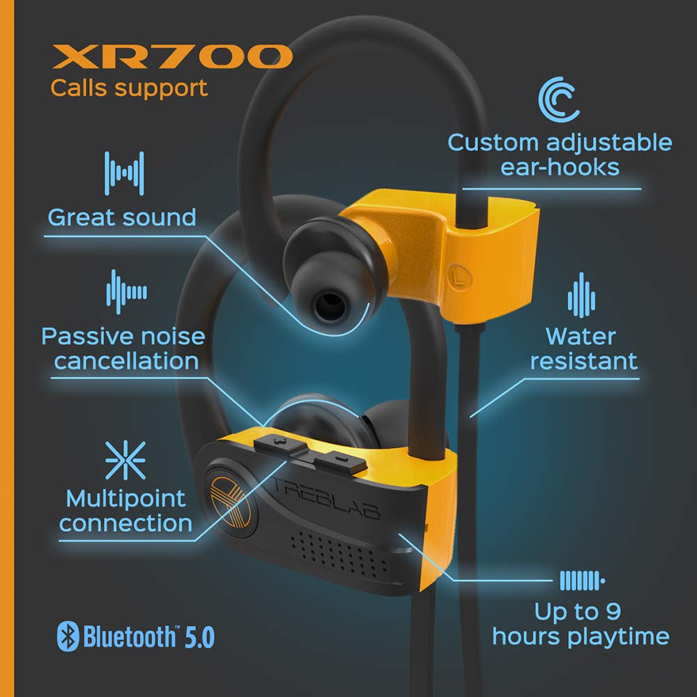 TREBLAB XR700 Wireless Sports Earbuds, Bluetooth 5.0, IPX7 Waterproof, Sweatproof, Custom Adjustable Earhooks, Noise Cancelling, in-Ear Headset
