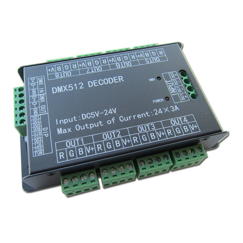 High Power 24 Channel RGB 3A/CH DMX512 Controller Led Decoder Dimmer 500Hz Flicker Free Smoother Dimming DMX Signal Indicator Flashes Function DC 5V-24V