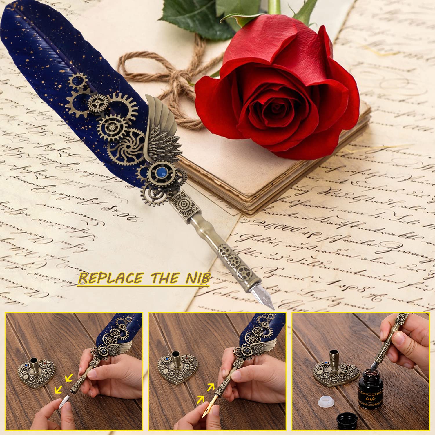 CALIYO Antique Quill Pen Ink Set, Feather Pen Calligraphy Pen Set, Mechanical Wing Quill Pen with Mechanical Exquisite Pen Holder, 6 Calligraphy Nibs, Suitable for Calligraphy Lovers(Blue Quill Pen)