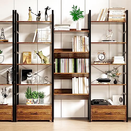 HSSZXFR Triple Wide Bookshelf 5-Tier with 2 Drawers, Industrial Bookshelves Sturdy Wood and Metal, Bookcase Spacious for Display and Storage, Large Display Rack for Home Office