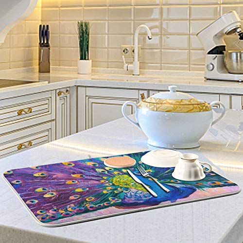 Painting Beautiful Peacock Animal Dish Drying Mat 24"x18" Absorbent Machine Washable Hanging Fast Dry Pad Dish Protective Mat for Kitchen Countertop Heat Resistant Dinner Table Mat