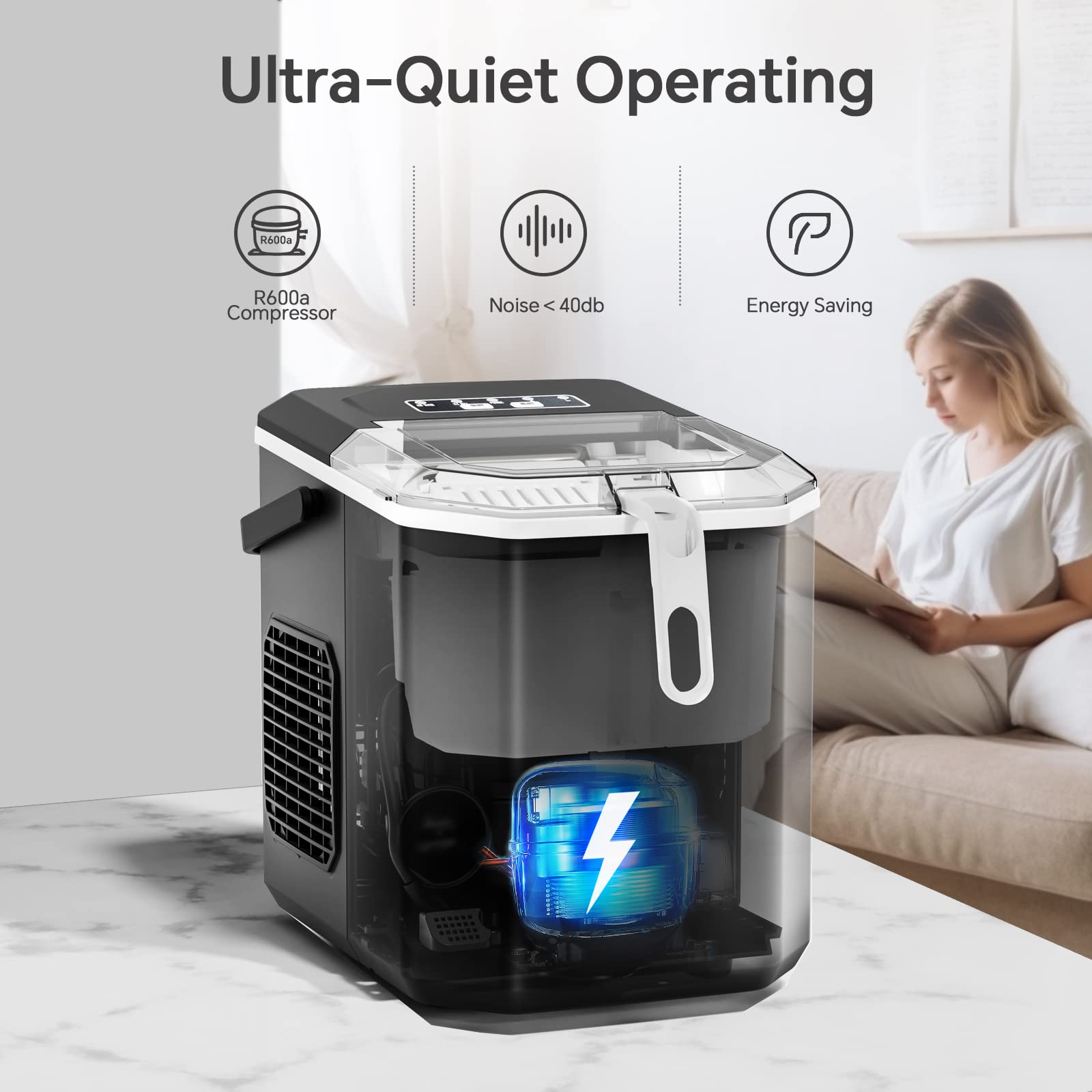 Crzoe Ice Makers Countertop, Ice Machine with Handle, 26Lbs in 24Hrs, 9 Cubes Ready in 6 Mins, Self-Cleaning Portable Ice Maker, 2 Sizes of Bullet Ice Cubes for Home and Office