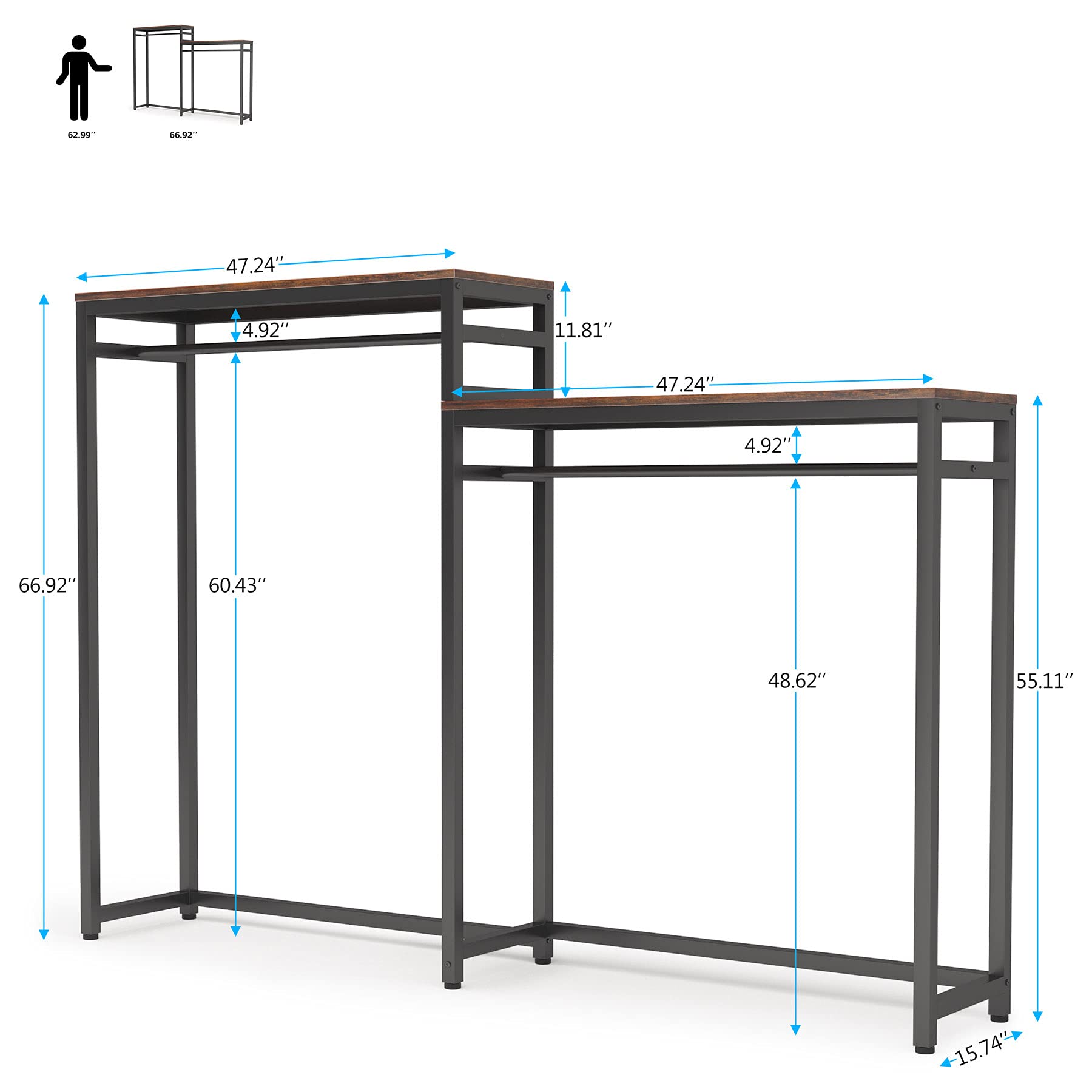 Tribesigns Free Standing Closet Organizer, Clothes Garment Racks with Storage Shelves and Double Hanging Rod, Heavy Duty Metal Wardrobe Closet Storage Clothing Shelving for Bedroom (Rustic Brown)