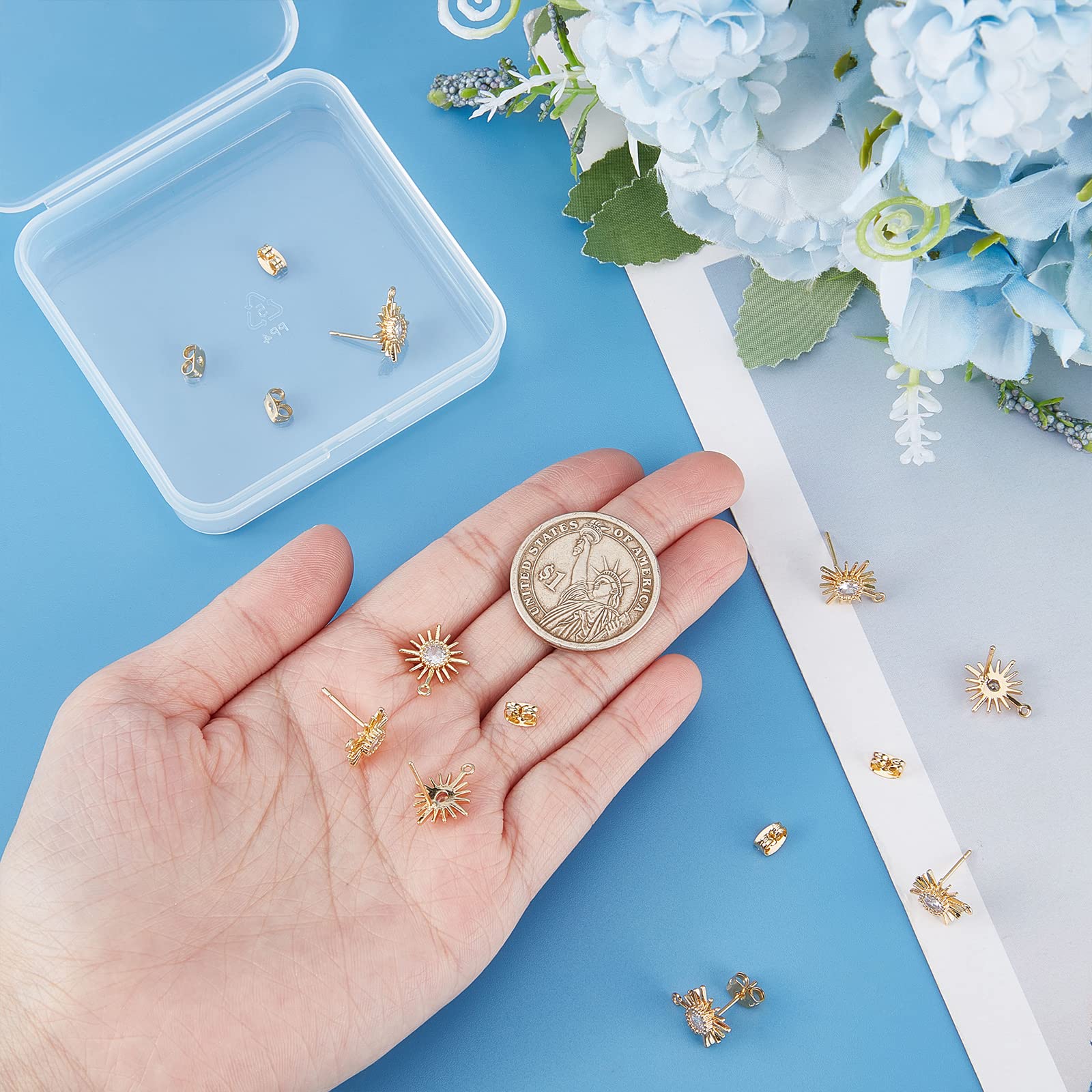 Beebeecraft 10Pcs/Box 18K Gold Plated Sun Earring Findings Cubic Zirconia Earring Posts with Sterling Silver Pins and Butterfly Earring Backs for DIY Earring Jewelry Making
