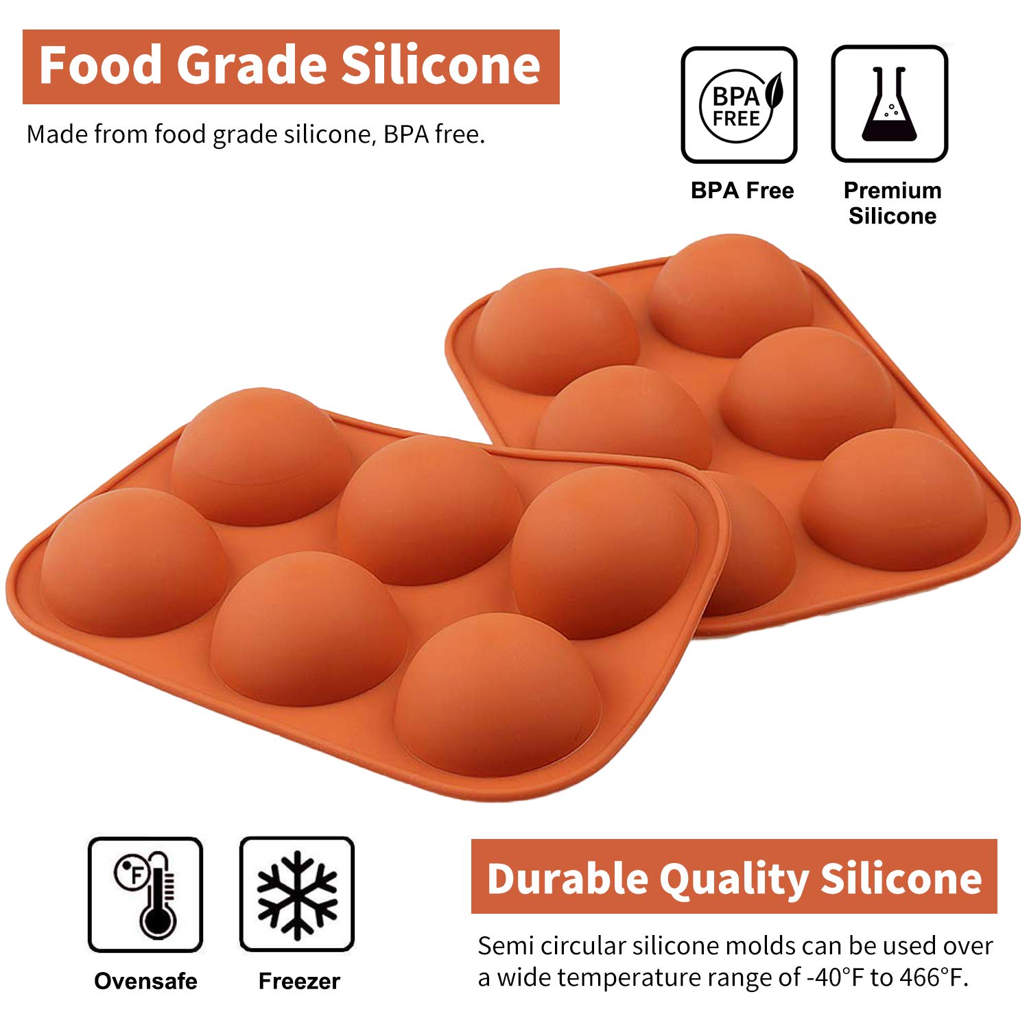 Bunpena Silicone Molds, Chocolate Molds with 6 Semi Sphere Jelly Holes, 4 Pack Hot Cocoa Bomb Mold for Making Hot Chocolate Bombs, Dome Mousse, Cocoa Ball, Coco Bomb (Comes with 2 Droppers), Brown