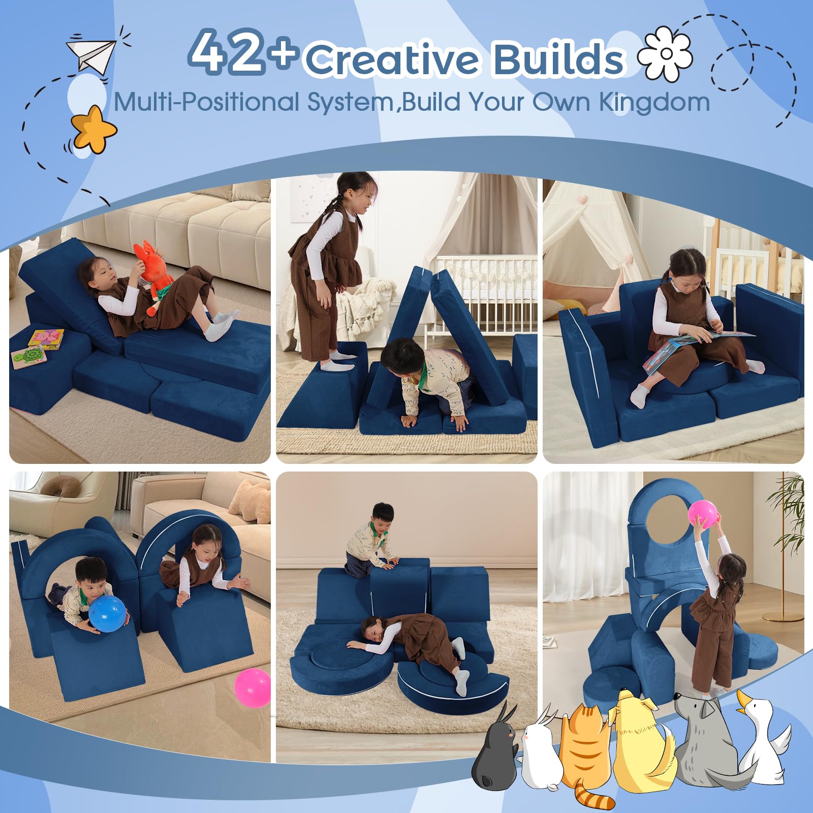 Fivetry 12PCS Modular Kids Play Couch, Child Sectional Sofa, Kids Floor Sofa for Playroom Fort Building, Convertible Foam and Floor Cushion for Boys and Girls