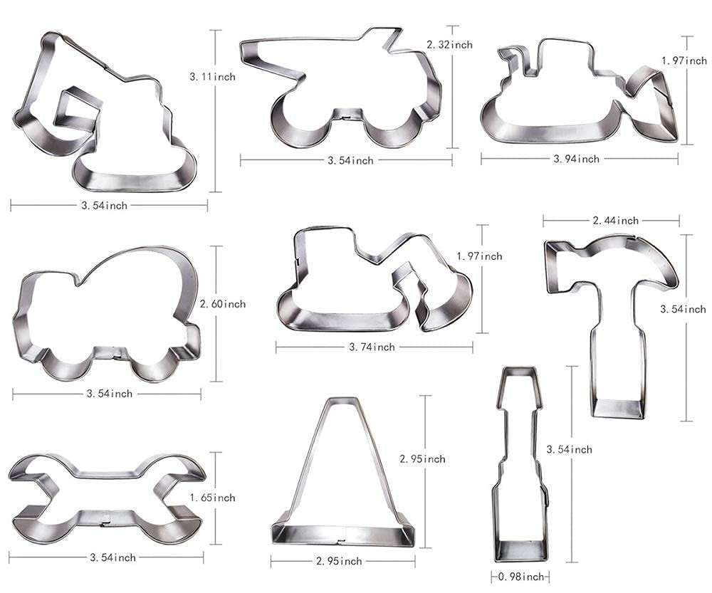 Construction Cookie Cutter Set-3 Inches-9 Piece- Excavator Digger Bulldozer Dump Truck Hammer Wrench Construction Tools Cutters Molds for Kids Construction Themed Party
