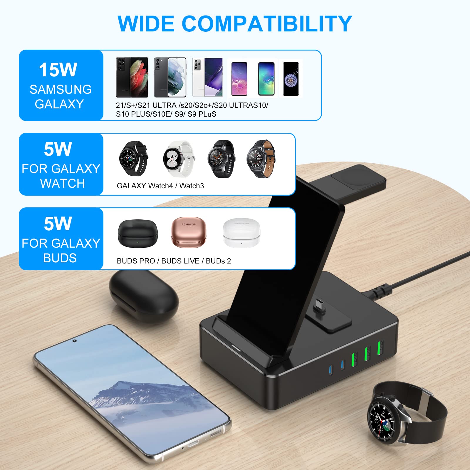 Charging Station for Multiple Devices,8 in 1 Wireless Charging Station 100W Fast Charging Stand for Samsung Galaxy Series/Samsung Watch 5/4/3/Earbuds,USB Changing Dock for Phone,Pad,Tablet,Kindle,PSP