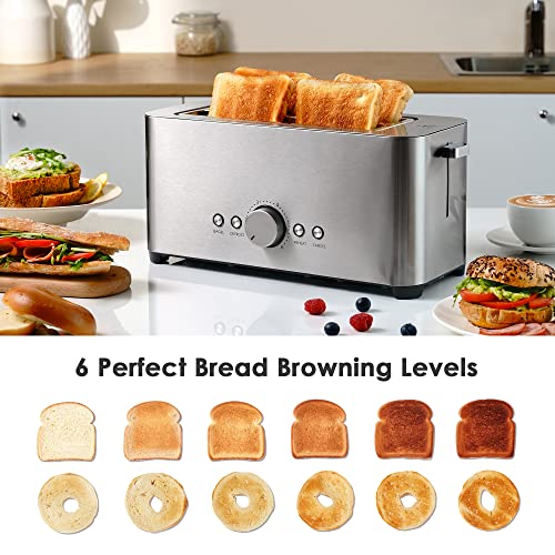 REDMOND Toaster 4 Slice, Stainless Steel Toaster With Bagel, Defrost, Reheat Function, Extra Wide Slots Long Slot Toaster, 6 Browning Settings and Removable Crumb Tray, Silver