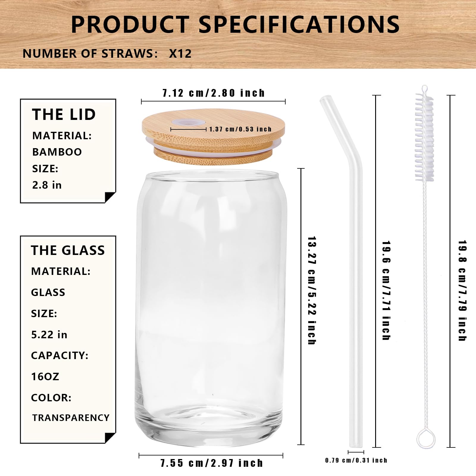 Drinking Glasses with Bamboo Lids and Glass Straw-16oz Can Shaped Glass Cups,Beer Glasses,Iced Coffee Glasses,Ideal for Cocktail,Whiske,Soda,Bubble Tea,Juicing,Smoothies(12pcs Set+2 Cleaning Brushes)
