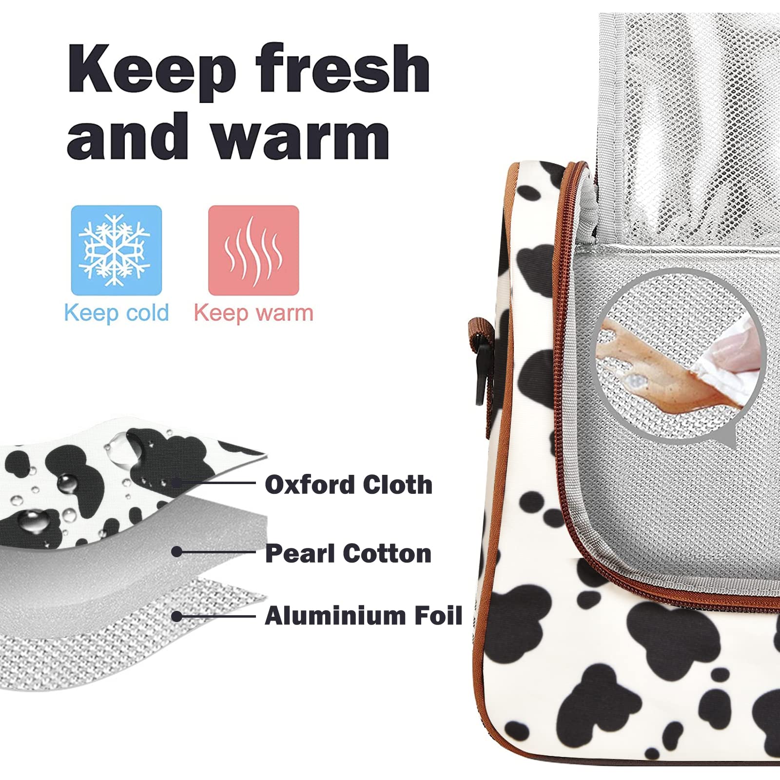Buringer HOMESPON Insulated Lunch Bag Fashionable Cooler Tote Reusable Lunch Box Container with Shoulder Strap for Work Picnic or Travel (Cow)