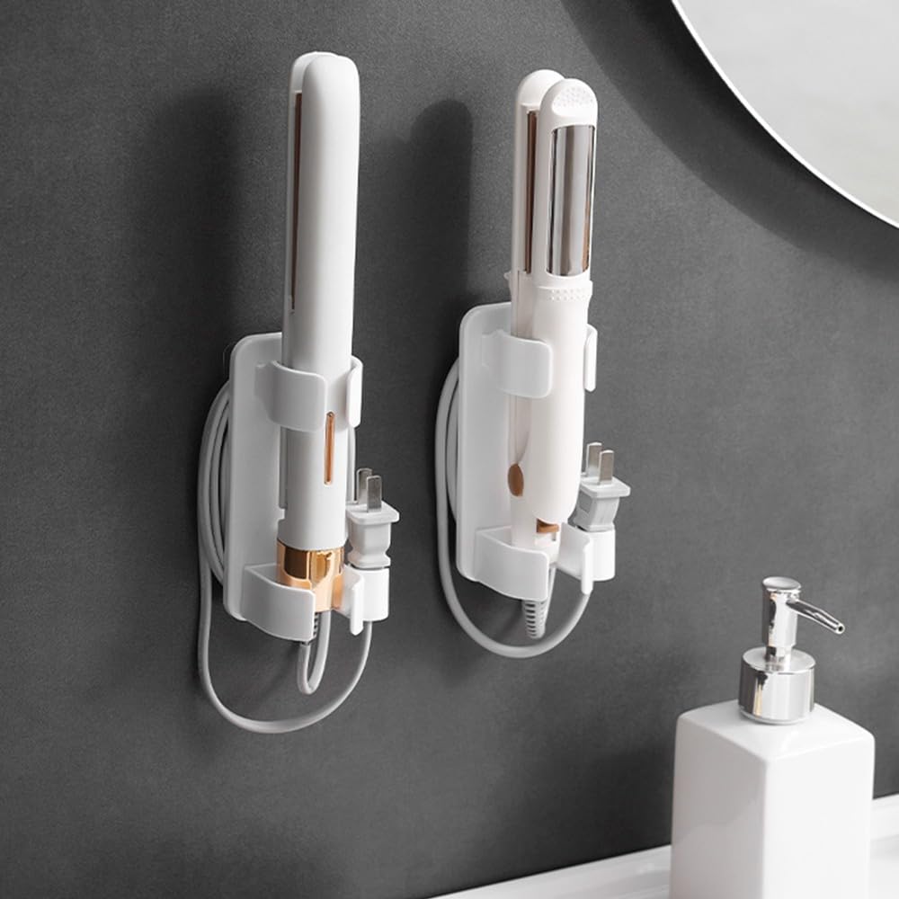 hobbyme 2Pcs Curling Iron Holder Wall Mounted,Plastic No Drilling Hair Dryer Rack,Multipurpose Hair Curler Holder White Curling Wand Rack for Bathroom
