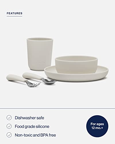 Lalo Big Bites Kids Dinnerware Starter Set - Dishwasher Safe, BPA Free, Kids Tableware Set - Includes Stackable Bowl, Plate, Utensils & Cup - 5 Pieces - Oatmeal