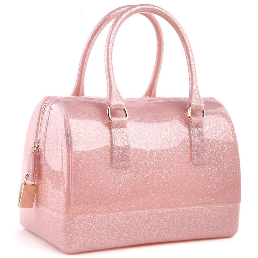 Ladies Summer Jelly Pillow-shaped Top Handle Handbag Candy Color Transparent Crystal Purse (Glitter Pink)