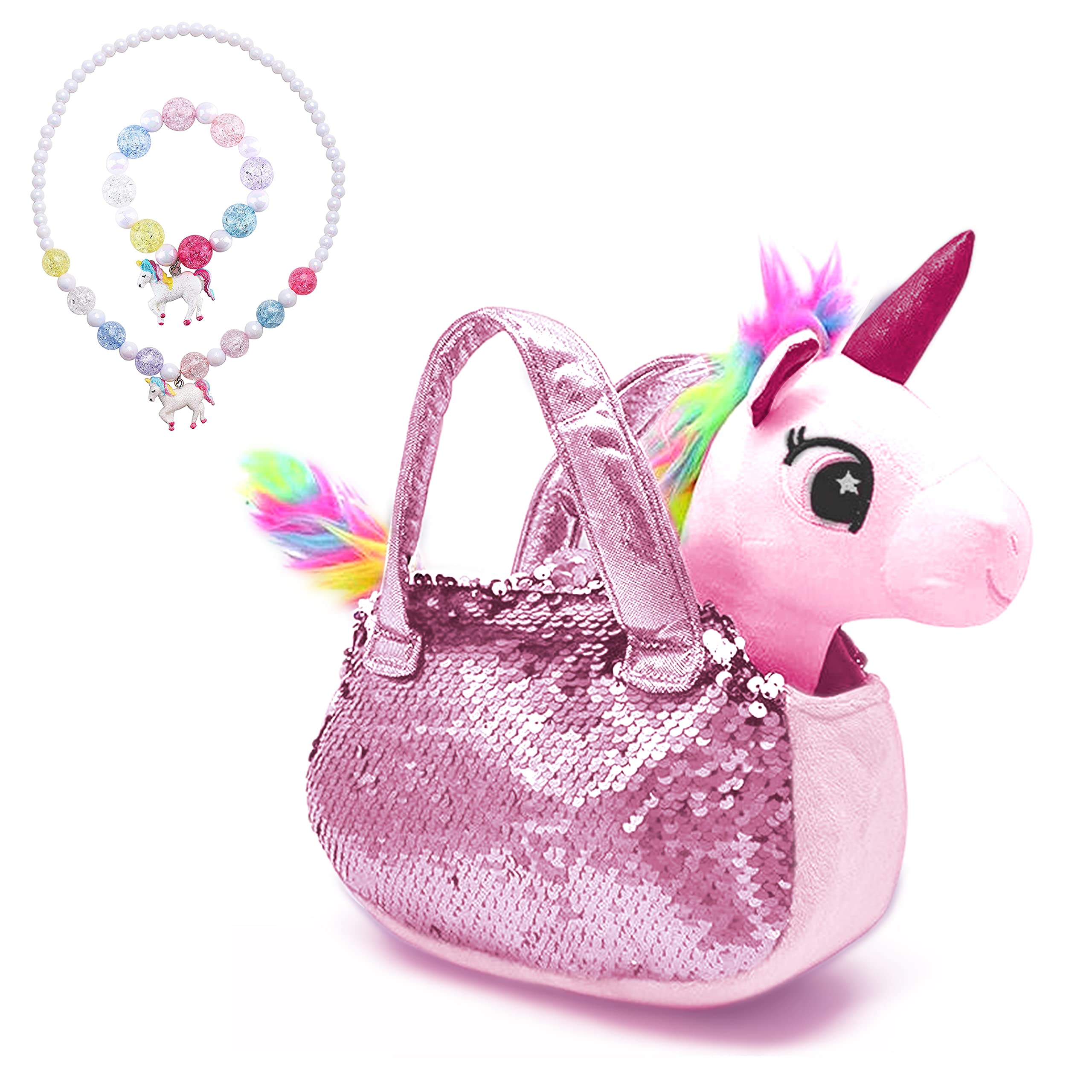 PASSIONFRUIT Unicorn Stuffed Plush Animal Toy Set with Purse Necklace & Bracelet - Plush Unicorns Birthday Gifts for Girls - Unique Rainbow Unicorn Stuffed Pet for Age 3 4 5 6 7 yrs. (Pink)