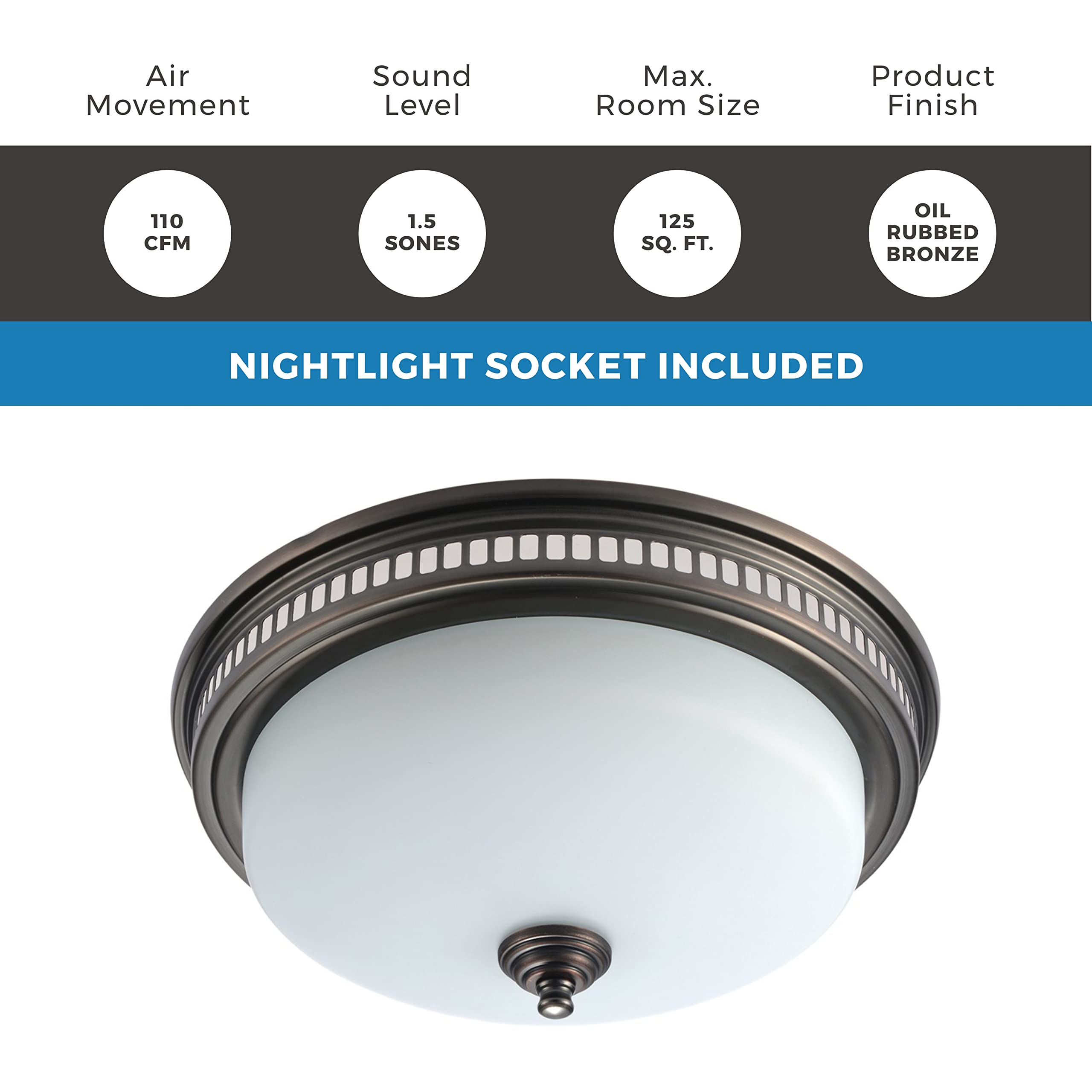 Liftbridge Kitchen & Bath Decorative Round 110 CFM Oil Rubbed Bronze Bathroom Ceiling Ventilation & Exhaust Fan with Light and Glass Globe, Quiet 1.5 Sones Bath Fan & Nightlight