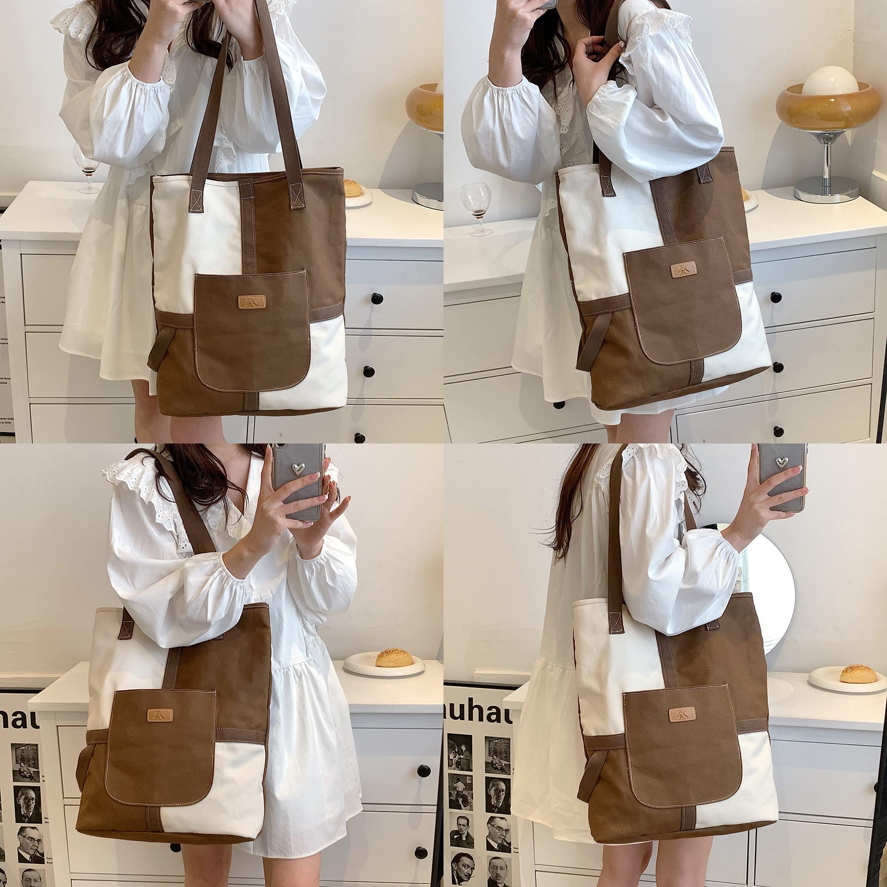 Canvas Tote Bag for Women Large Size Shoulder Handbags with Inner zipper Pockets Multicolor Casual(Brown)