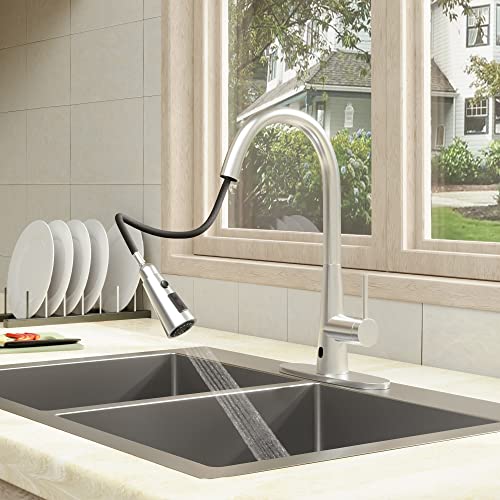 Brushed Nickel Touchless Motion Sensor Smart Hands-Free Kitchen Faucet Single Handle Kitchen Sink Faucet with Pull Down Sprayer