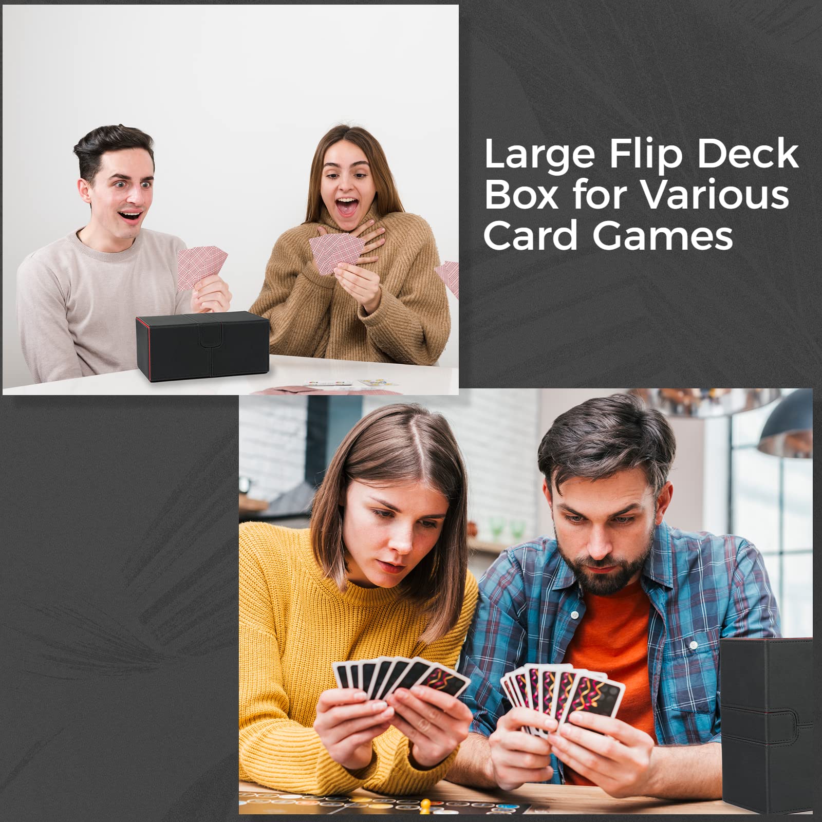 Card Deck Box, Large Flip Deck Case with 3 Trays for 220+ Sleeved Cards, PU Leather Double Deck Box for YuGiOh, TCG, MTG, Uno, Ultraman, Baseball Cards 7.95" x 4.53" x 3.54"