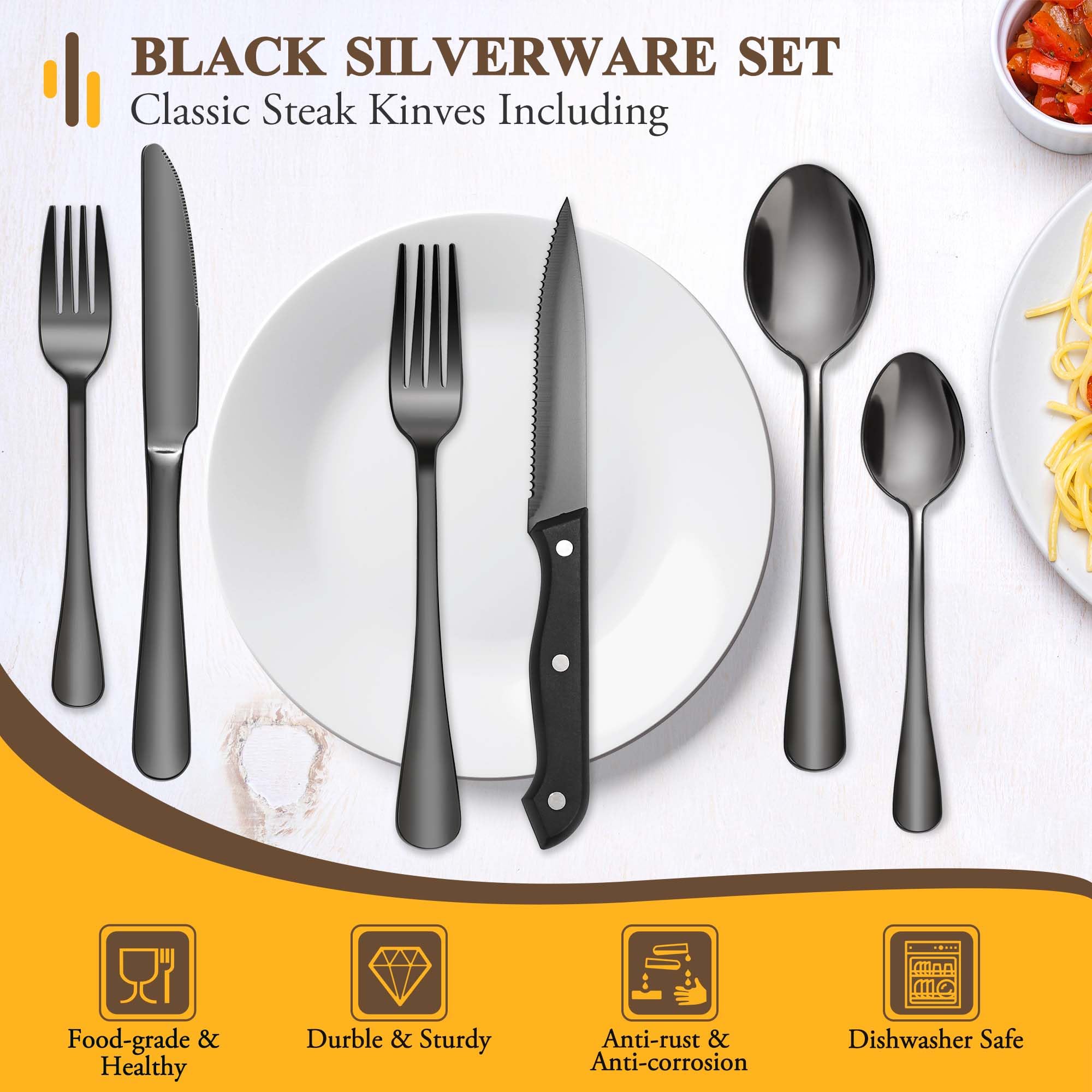 Black Silverware Set, 24PCS Black Flatware Set for 4 with Steak Knives, Stainless Steel Tableware Cutlery Set Kitchen Eating Utensils Include Fork Knife Spoon for Home Restaurant