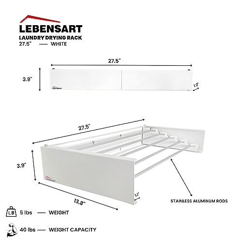 LEBENSART Laundry Drying Rack, Stainless Steel Collapsible Wall Mounted Space Saving Clothes Drying Rack, Indoor and Outdoor Foldable Drying Rack, 40lbs-14Ft Drying Capacity,27,5" (White)