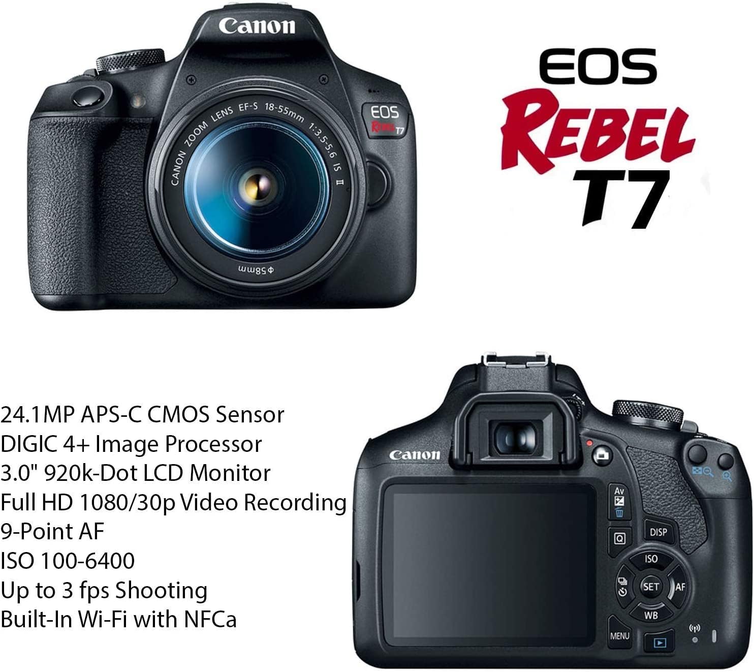 Canon EOS Rebel T7 DSLR Camera EF-S 18-55mm is II Lens Bundle + 2pc SanDisk 32GB Ultra High Speed Memory Cards + Accessory Kit