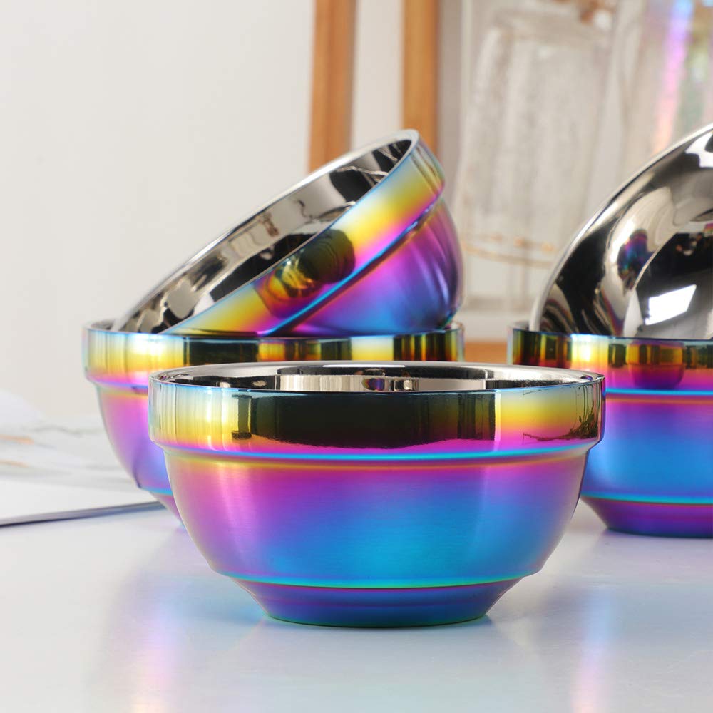 Ceiteo Rainbow Bowl Set of 6, 304 Stainless Steel Dinnerware Metal Double-walled Insulated Cereal Bowls for Eating Kitchen, Dishwasher Safe and Unbreakable