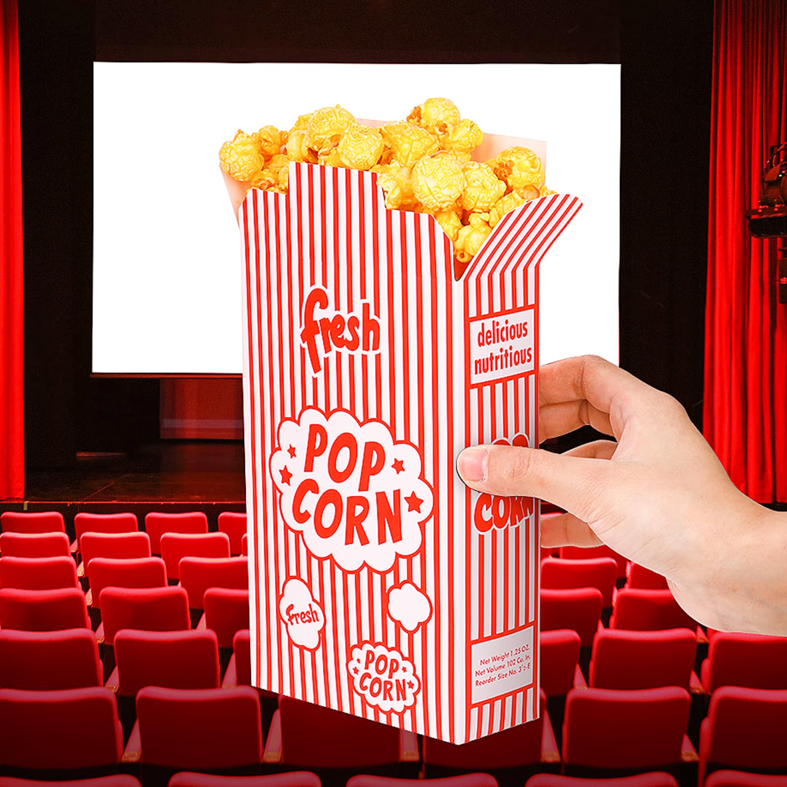 Dualshine 100 Pack Popcorn Boxes,1.25 oz Paper Popcorn Containers,Red and White Striped Close-Top Cardboard Pop Corners Bags Individual Servings for Theater Night Movie,Party,Christmas
