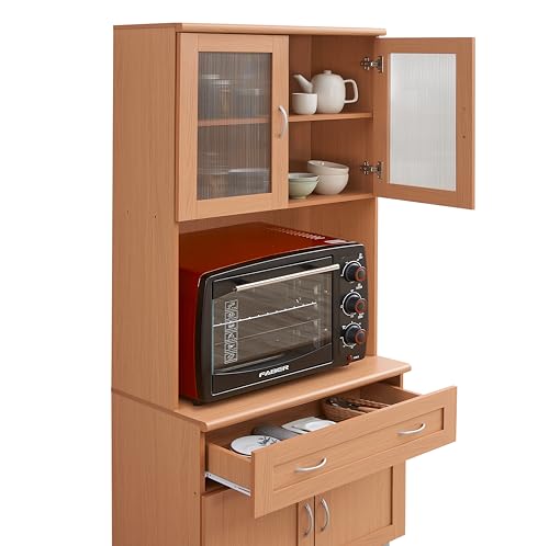 HODEDAH IMPORT Tall Standing Kitchen Cabinet with Top and Bottom Enclosed Cabinet Space, 1-Drawer, Large Open Space for Microwave in Beech