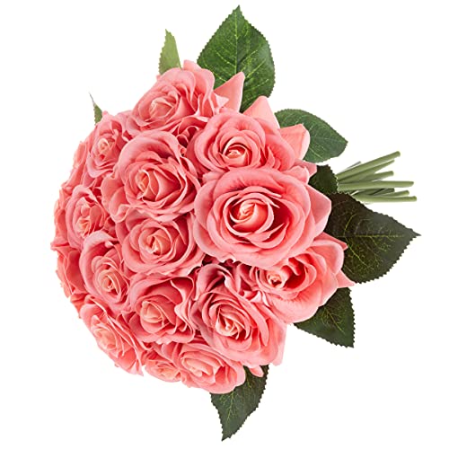 Pure Garden Rose Artificial Flowers - 18Pc Real Touch 11.5-Inch Fake Flower Set with Stems for Home Decor, Wedding, or Bridal/Baby Showers (Coral)