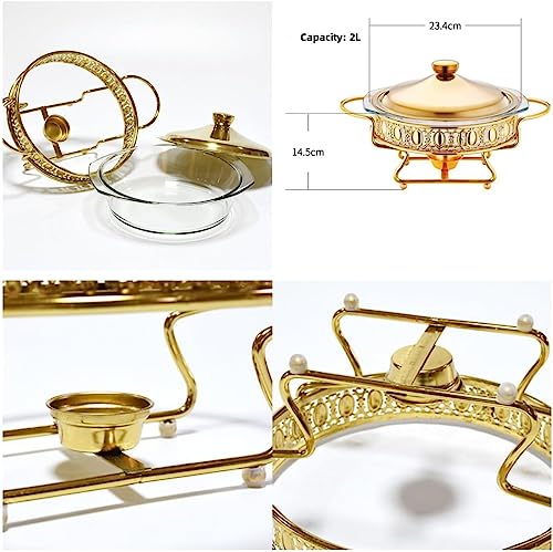 Hotpot Buffet Warmer Round Glass Buffet Warmer Multifunctional Solid Fuel Boiler Suitable for Kitchen Catering Wedding Party Events (Gold)