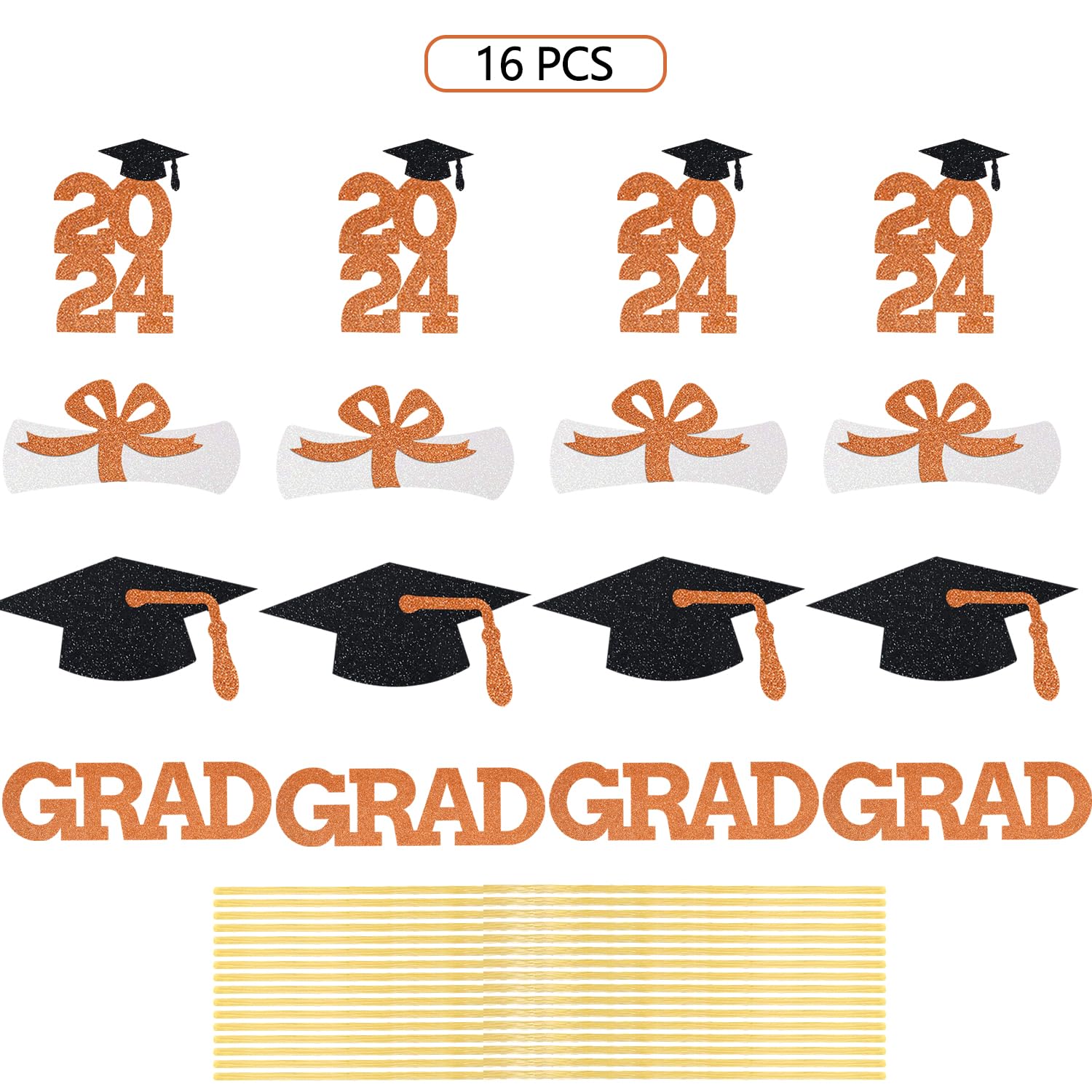Orange Glitter Graduation Centerpiece Class of Table Signs Grad Sticks Diploma Cap Party Decoration Favors 16 Pieces