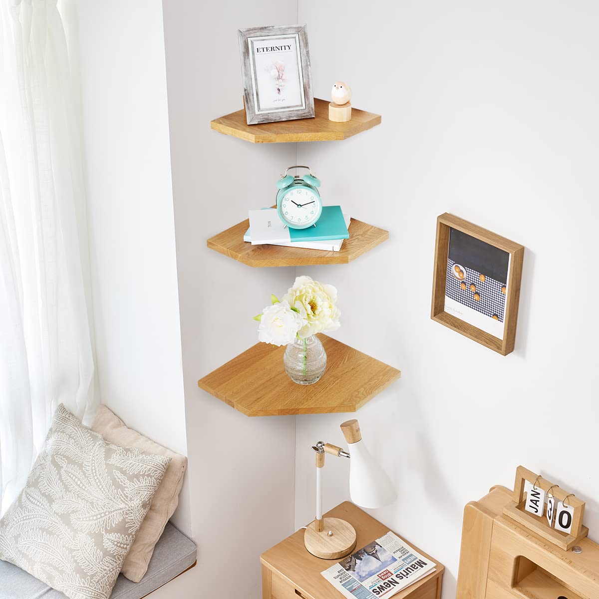 Corner Wall Shelf, Corner Floating Shelves Set of 2 Solid Oak Wood Corner Shelves Wall Mount Display Shelf with Wire Hole Small Plant Display for Kitchen Living Room Bedroom
