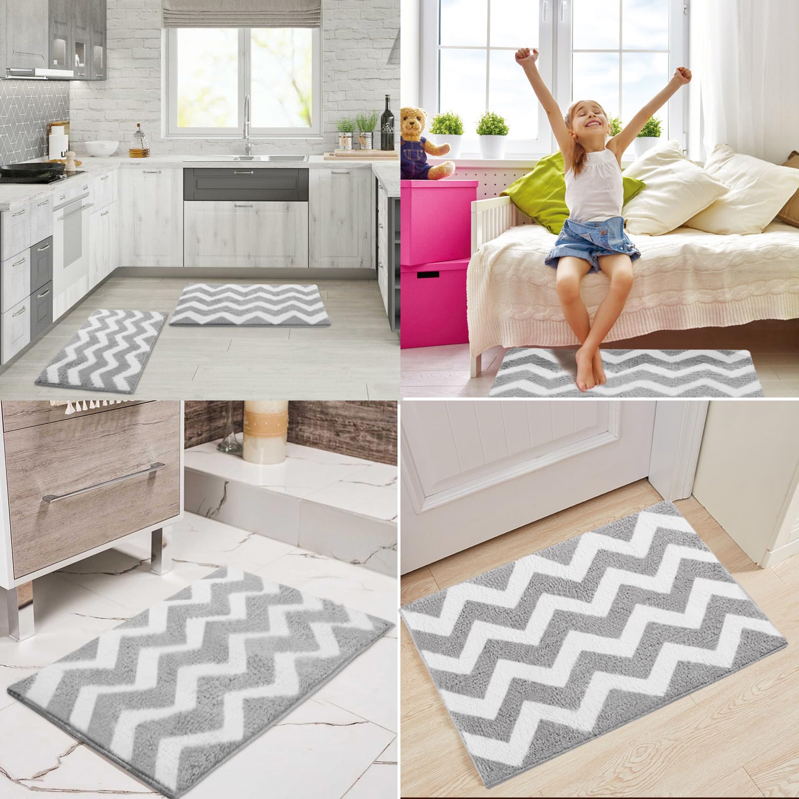 Carmoion Bathroom Rug, Non-Slip Microfiber Plush Bath Mat, Machine Washable and Super Absorbent Bath Rug, Comfortable Soft Bathroom Mat for Tub, Shower, Sink, Grey, 24" x 16"