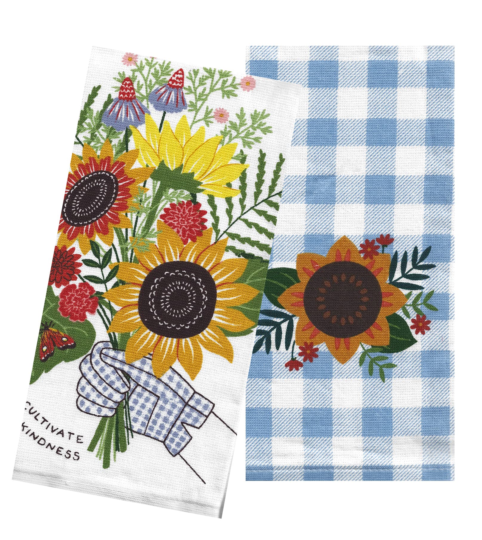 Celebrate Kitchen Towel Set of 2, Sunflowers Blue and White Buffalo Plaid Dishtowels