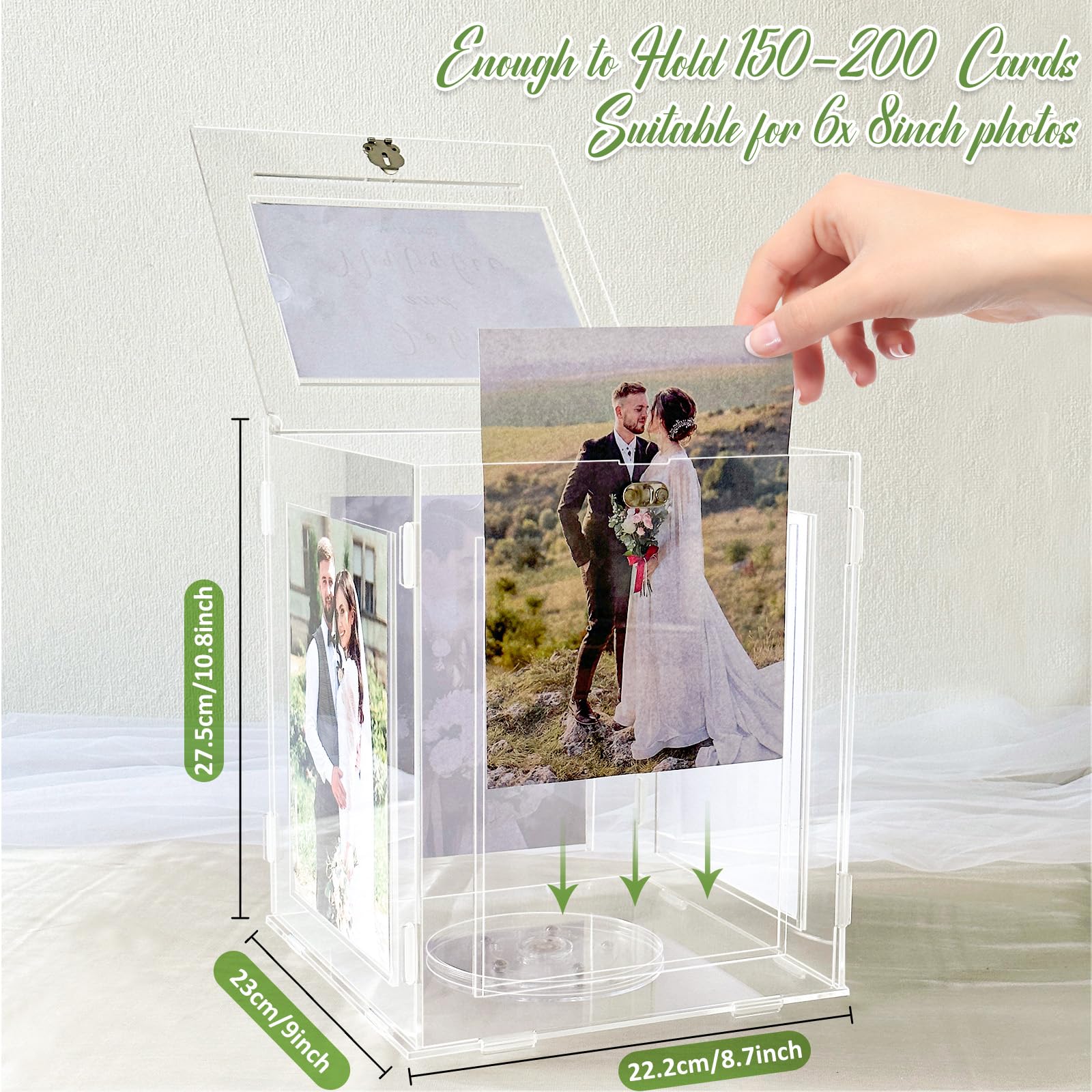 CYAOOI Acrylic Wedding Card Box with Picture Frame, Clear Gift Card Box for Wedding Reception, Large Rotatable Money Envelope Card Box Holder with Lock for Graduation Party Birthday Baby Shower