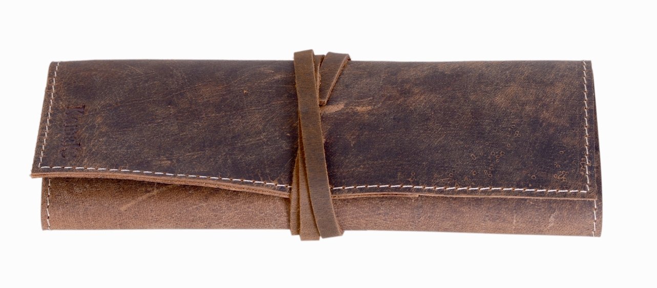 KomalC Genuine Leather Pen Case & Pencil Holder – Artisan Leather Stationery Roll/Foldable Pouch for Artists