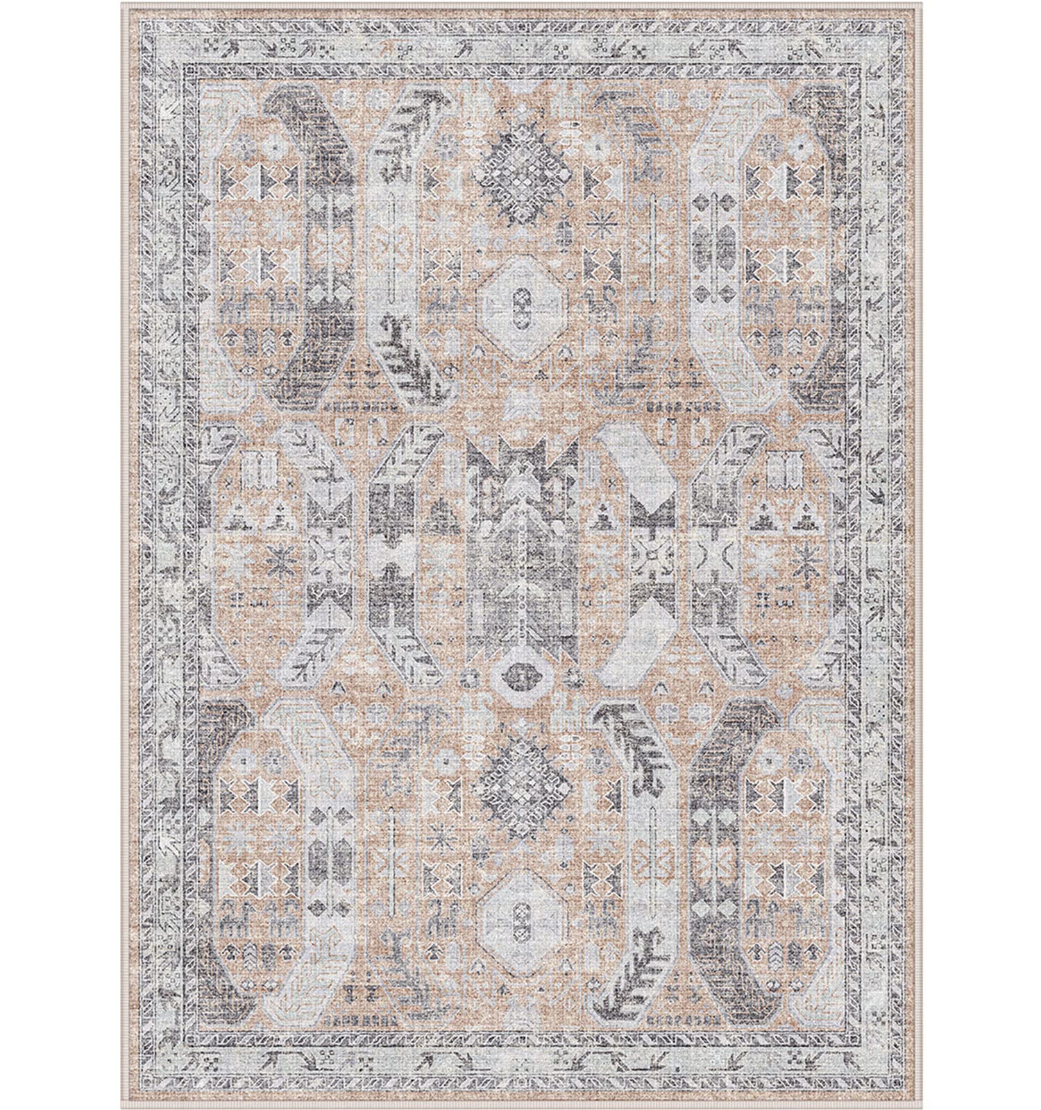 befbee Washable Rug 8x10 Area Rugs for Living Room - Stain Resistant Non-Slip Backing Rugs for Bedroom,Ultra-Thin Vintage Large Area Rug (Peach/Grey, 8'x10')
