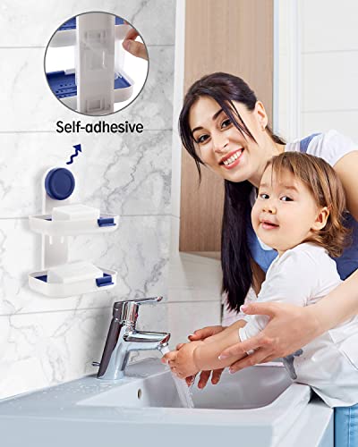 MOVNO Double Layer Soap Dish Soap Holder for Shower Wall, Sponge and Bar Soap Holder Saver for Bathroom Gadgets, Soap Container with Draining Tray Soap Case for Bathroom and Kitchen(Blue)