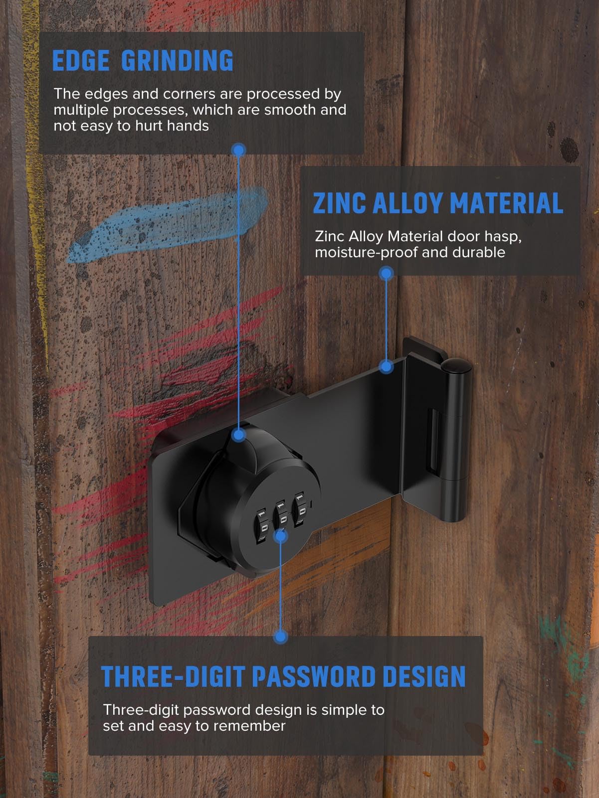 Cabinet Password Hasp Locks, 90 Degree Barn Door Lock, Household Security Combination Latch Lock for Locker, Fence, Bathroom, Outdoor, Garden (Black-1PC)