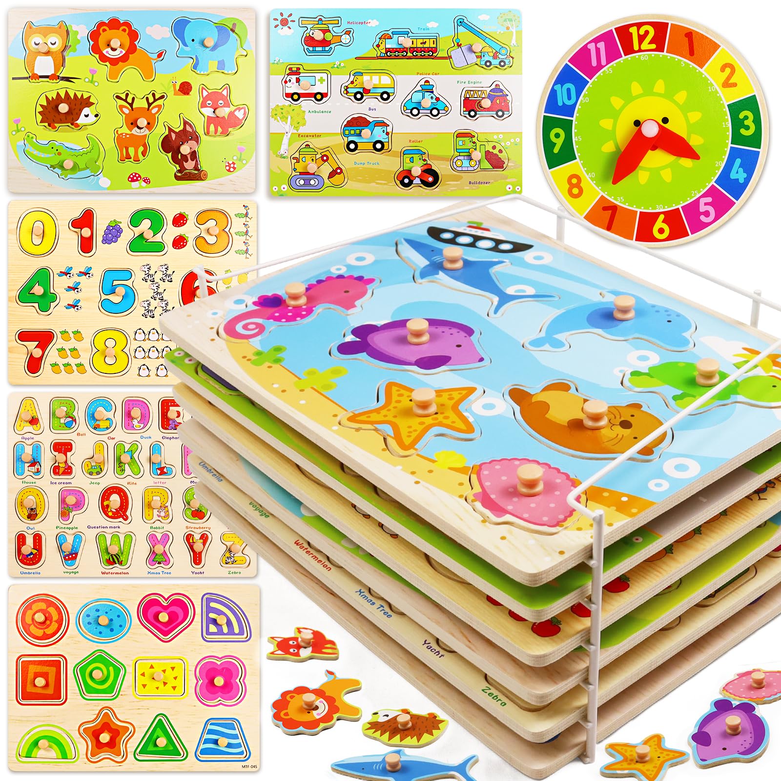 Puzzles for Kids Age 2-4 with Rack and Wooden Clock, 6 Pack Wooden Peg Puzzles for Toddlers with Storage Holder Rack, Educational Toys - Alphabet Number Animal Vehicle Shape