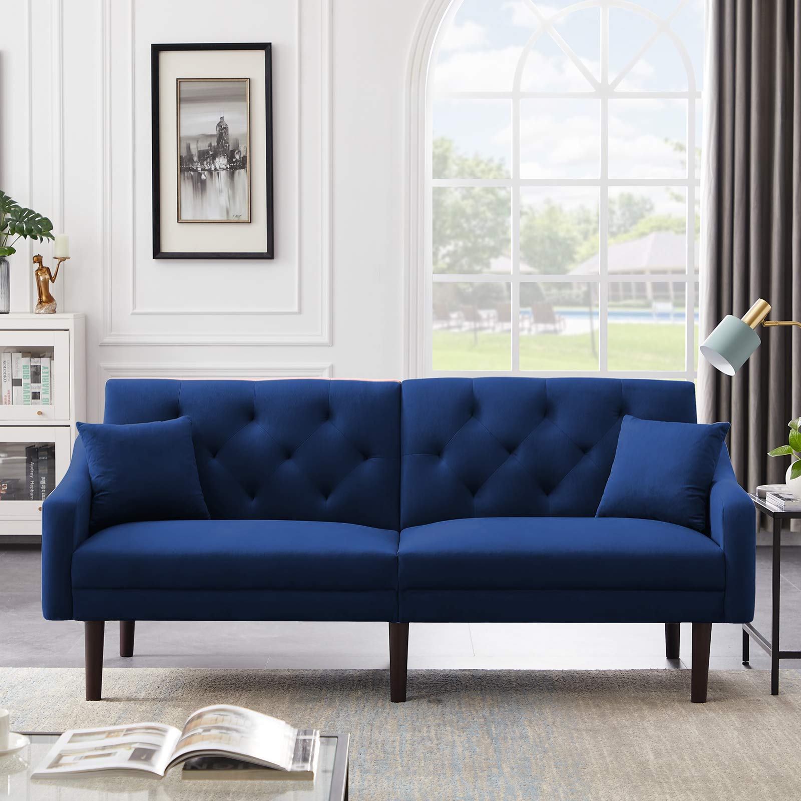 Olela Futon Sofa Bed Convertible Couch Bed with Armrests Modern Living Room Velvet Sofa Bed, Folding Recliner Futon Couch Sleeper Set with Wood Legs,Blue