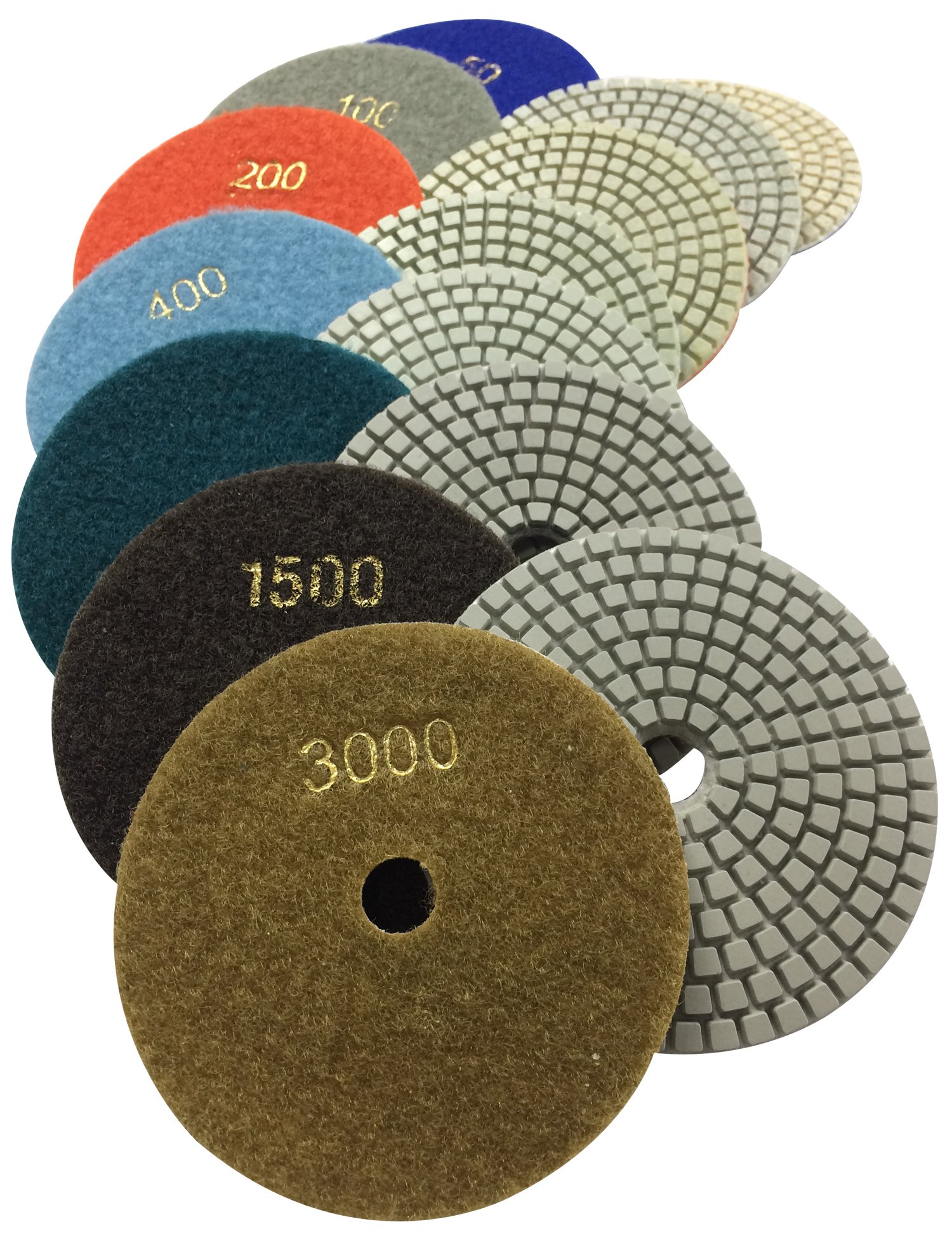 Konfor Diamond Polishing Pads 4" Wet Use for Sanding Marble Granite Stone Concrete Travertine Polish Pack of 7 Grit 50-3000