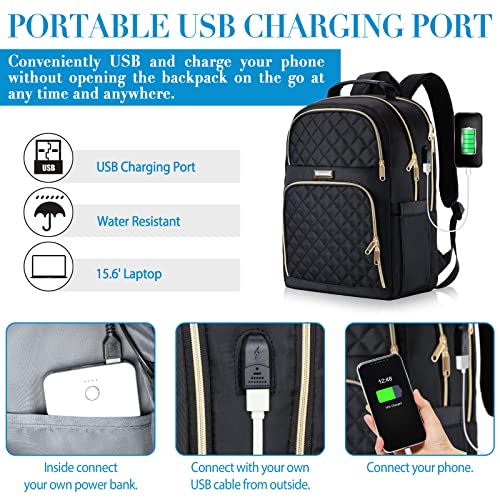 Laptop Backpack for Women, Large School Backpack for Teens, 15.6 Inch Travel Quilted Backpack Purse, Computer Bags with USB Charging Port, Large Capacity Back Pack for College Work Business, Black