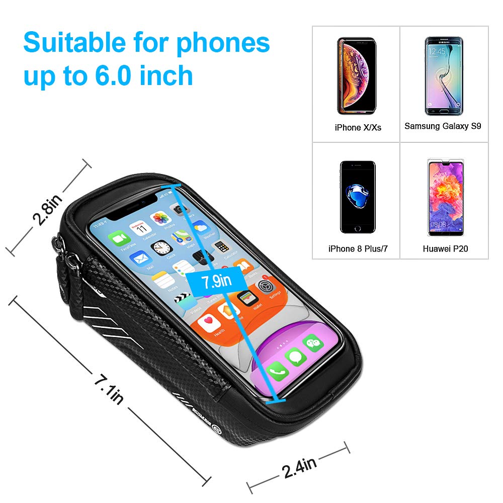 Bike Phone Front Frame Bag - Waterproof Bicycle Top Tube Cycling Phone Mount Pack with Touch Screen Sun Visor Large Capacity Phone Case for Cellphone Below 6.5’’ iPhone 7 8 Plus xs max