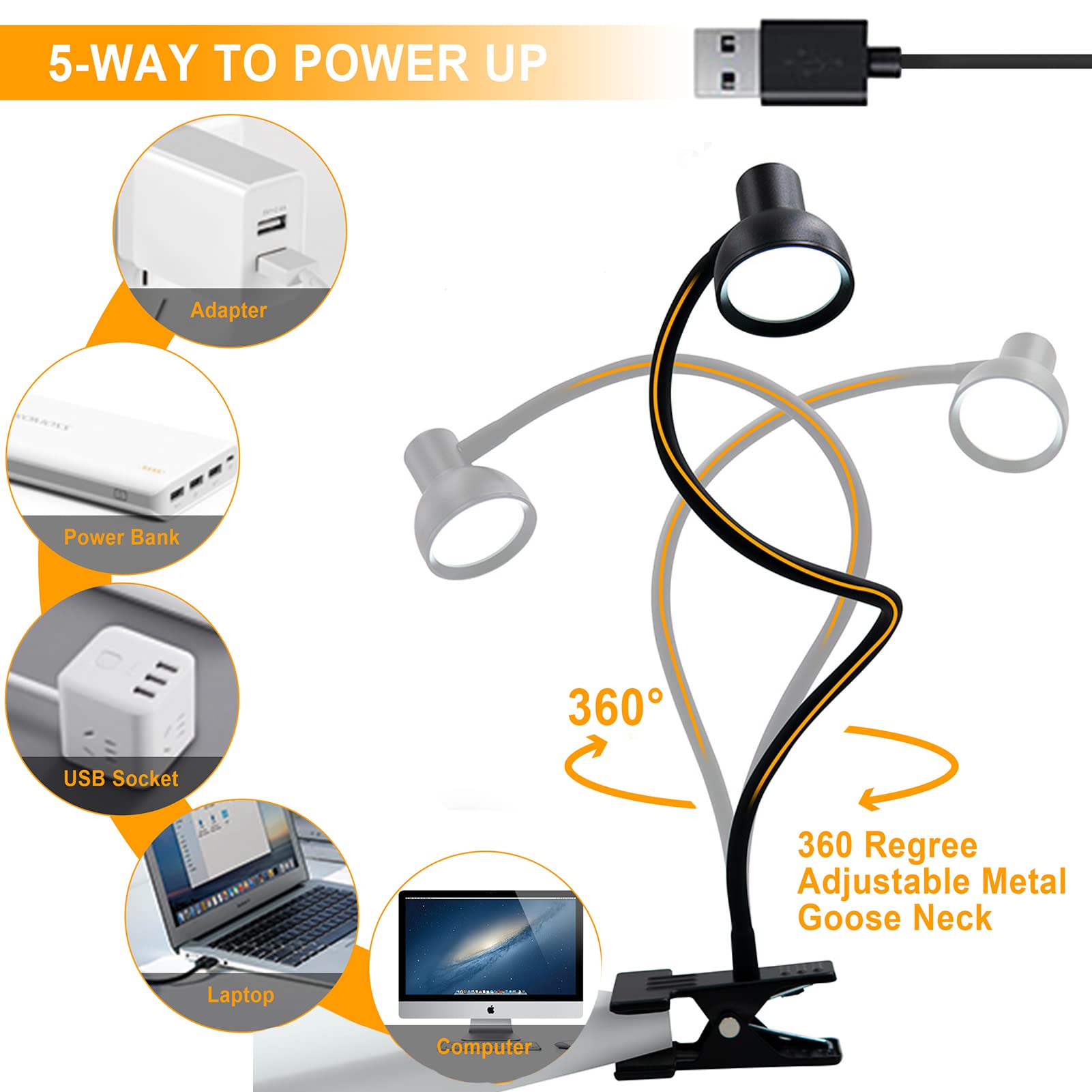 BOHON Clamp Lamp Clip on Light Reading Lights Eye-Caring 3 Color Modes 10 Brightness Dimmer USB Study Book LED Desk Lamp 360° Flexible Gooseneck Night Light for Headboard Bedroom