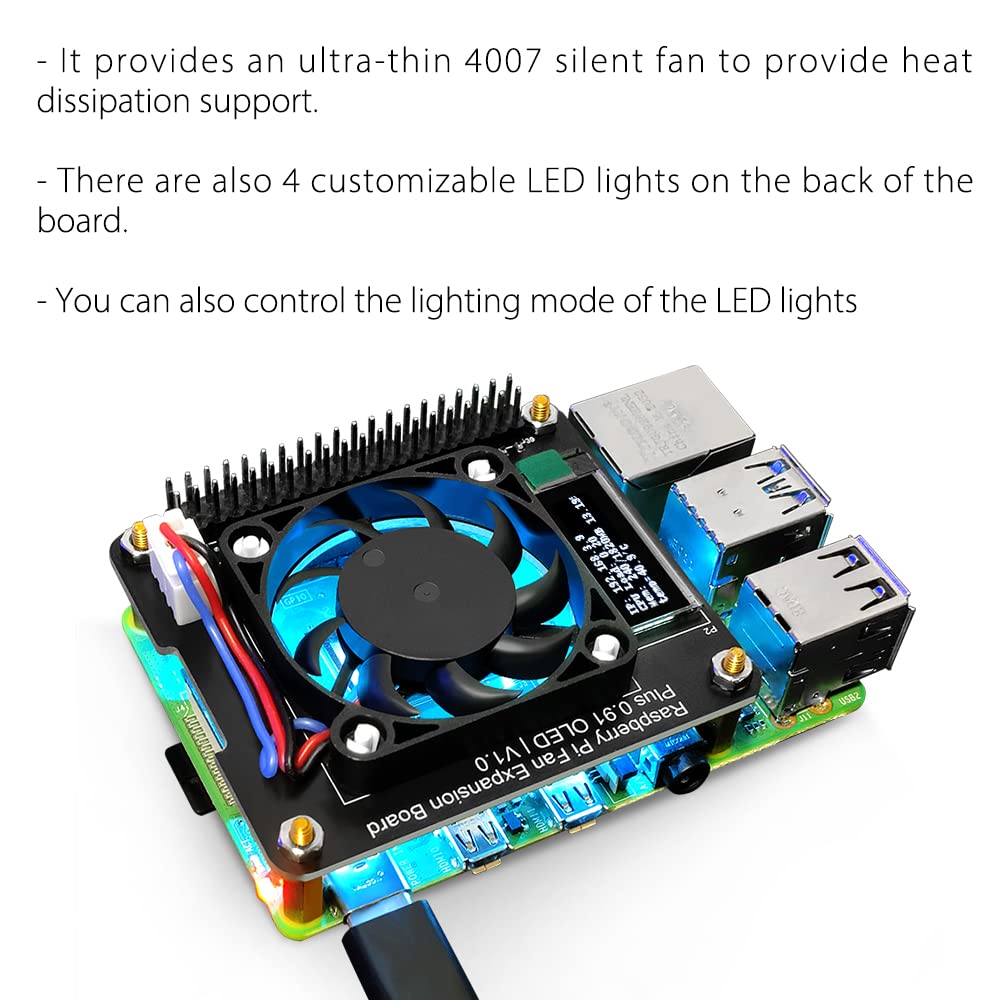 GeeekPi Fan Hat for Raspberry Pi 4 Model B, PWM Fan GPIO Expansion Board with 0.91inch OLED Display for Raspberry Pi 4B/3B+/3B/2B